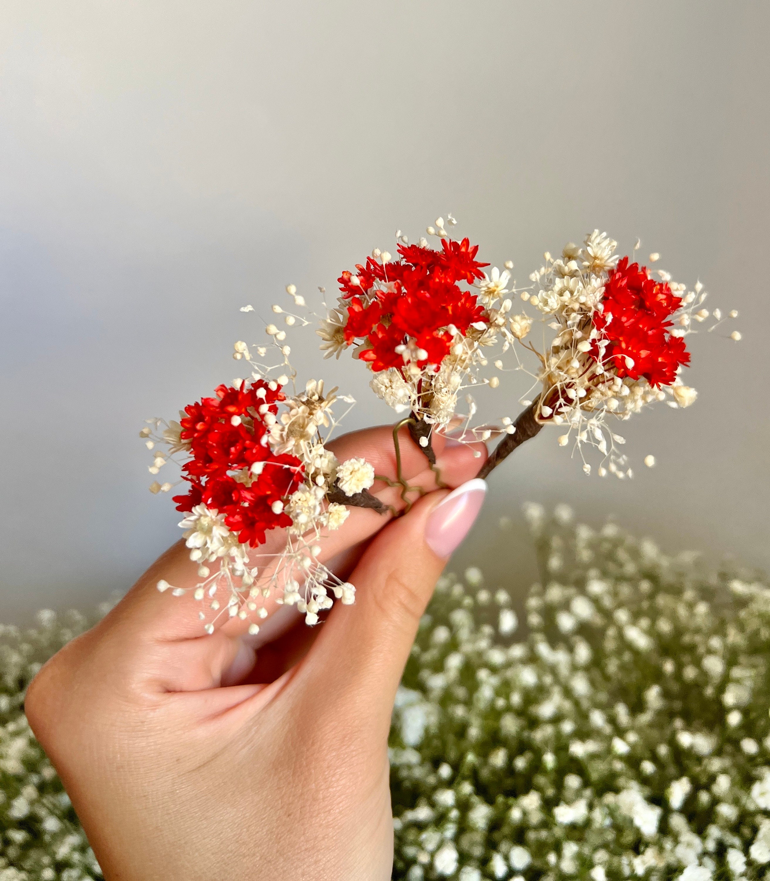 Dried Flowers Hair Piece Red & White Hair Clips Romantic Hair Pins ...