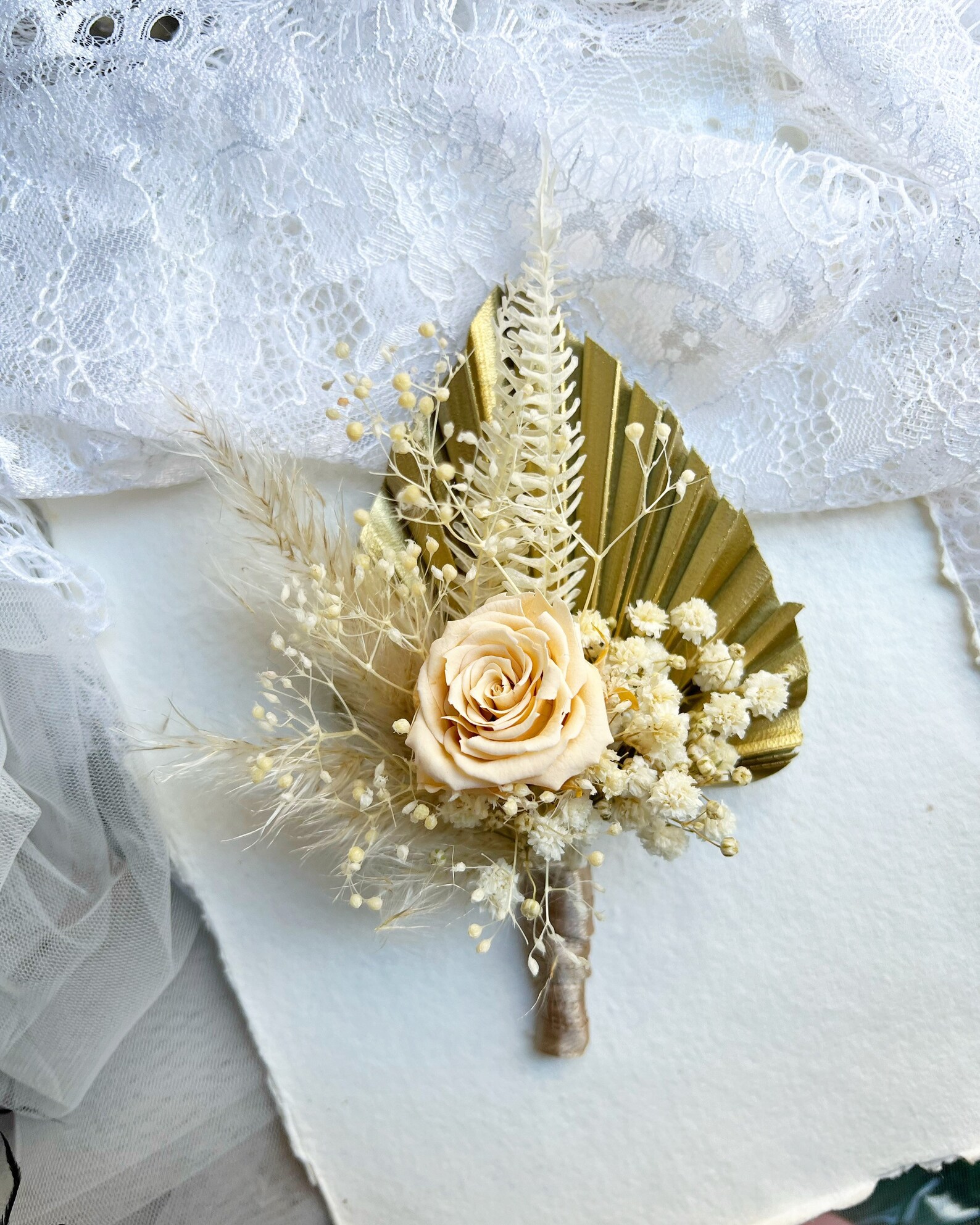 Gold Boutonniere Pampas Dried Boutonniere Palm Leaf Boutonniere Small ...
