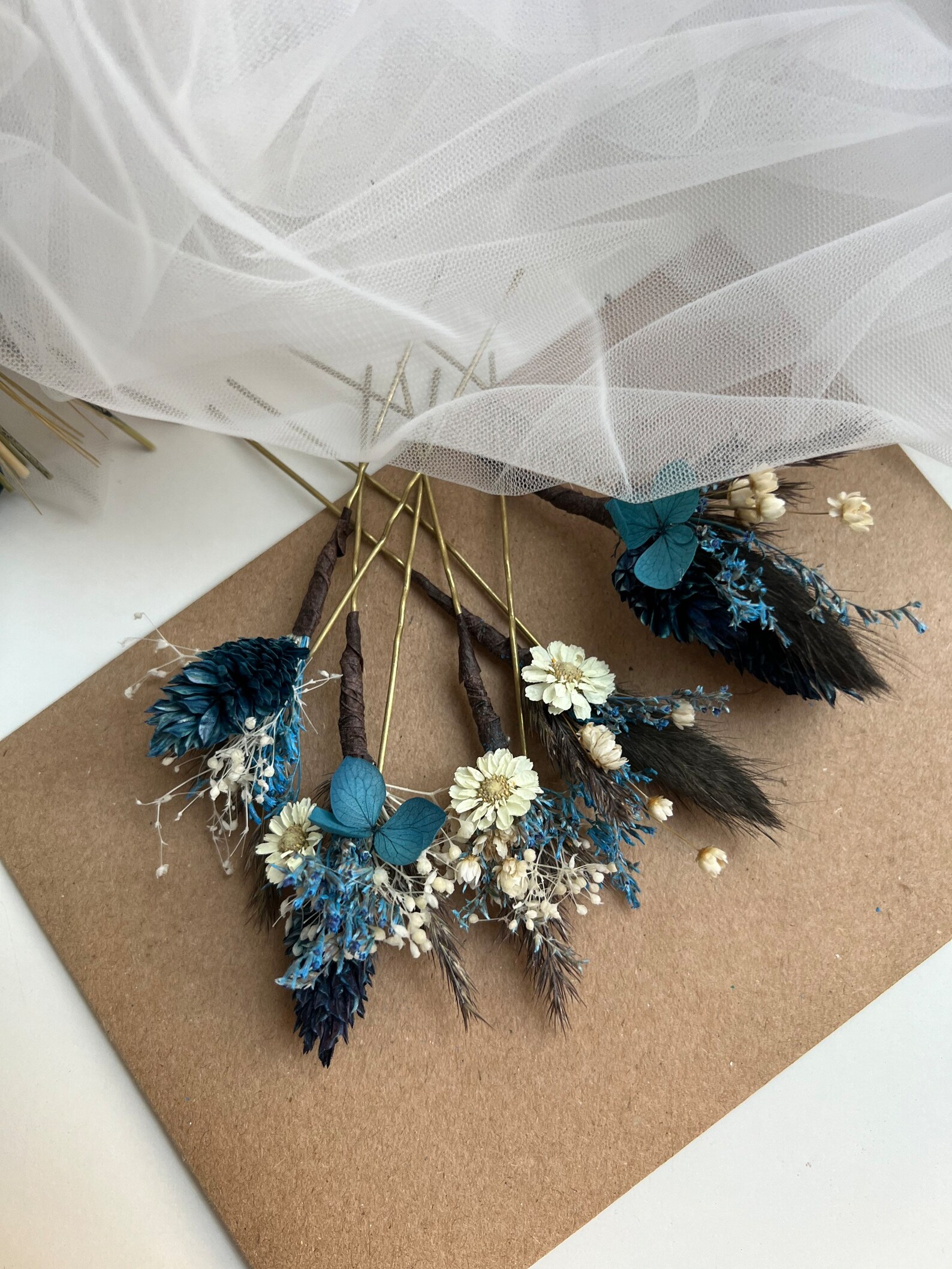 Blue Flower Hair Pins Dry Flower Headpiece Boho Blue Wedding ...