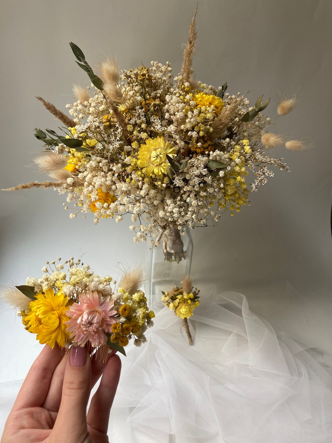 Bridal Yellow Bouquet Gypsophila Hair Piece Dried Flower Hair Accessory ...