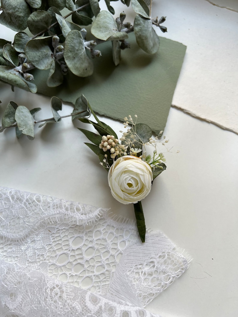 Groom’s Boutonniere Green and White Buttonhole White Peony Corsage for ...