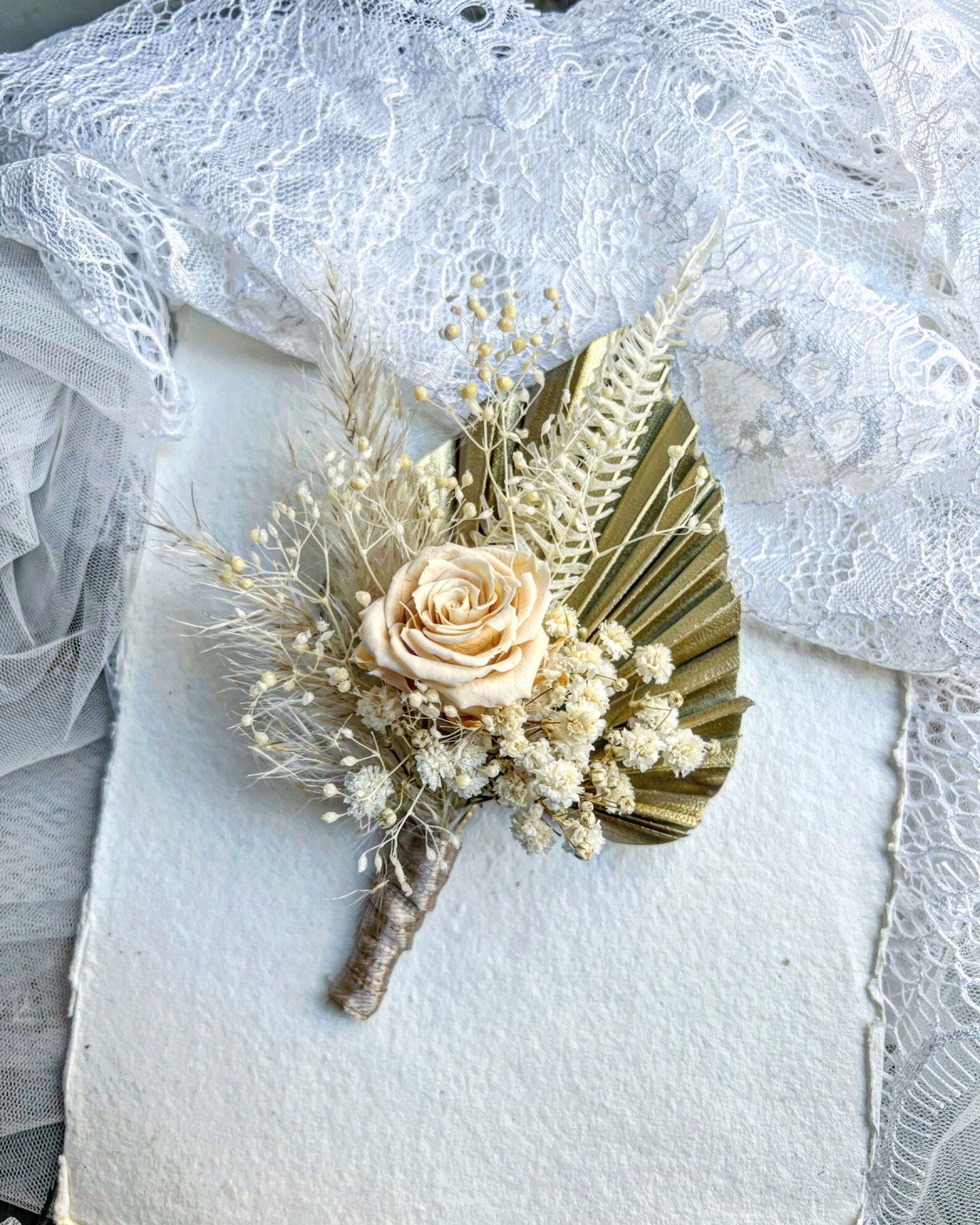 Gold Boutonniere Pampas Dried Boutonniere Palm Leaf Boutonniere Small ...