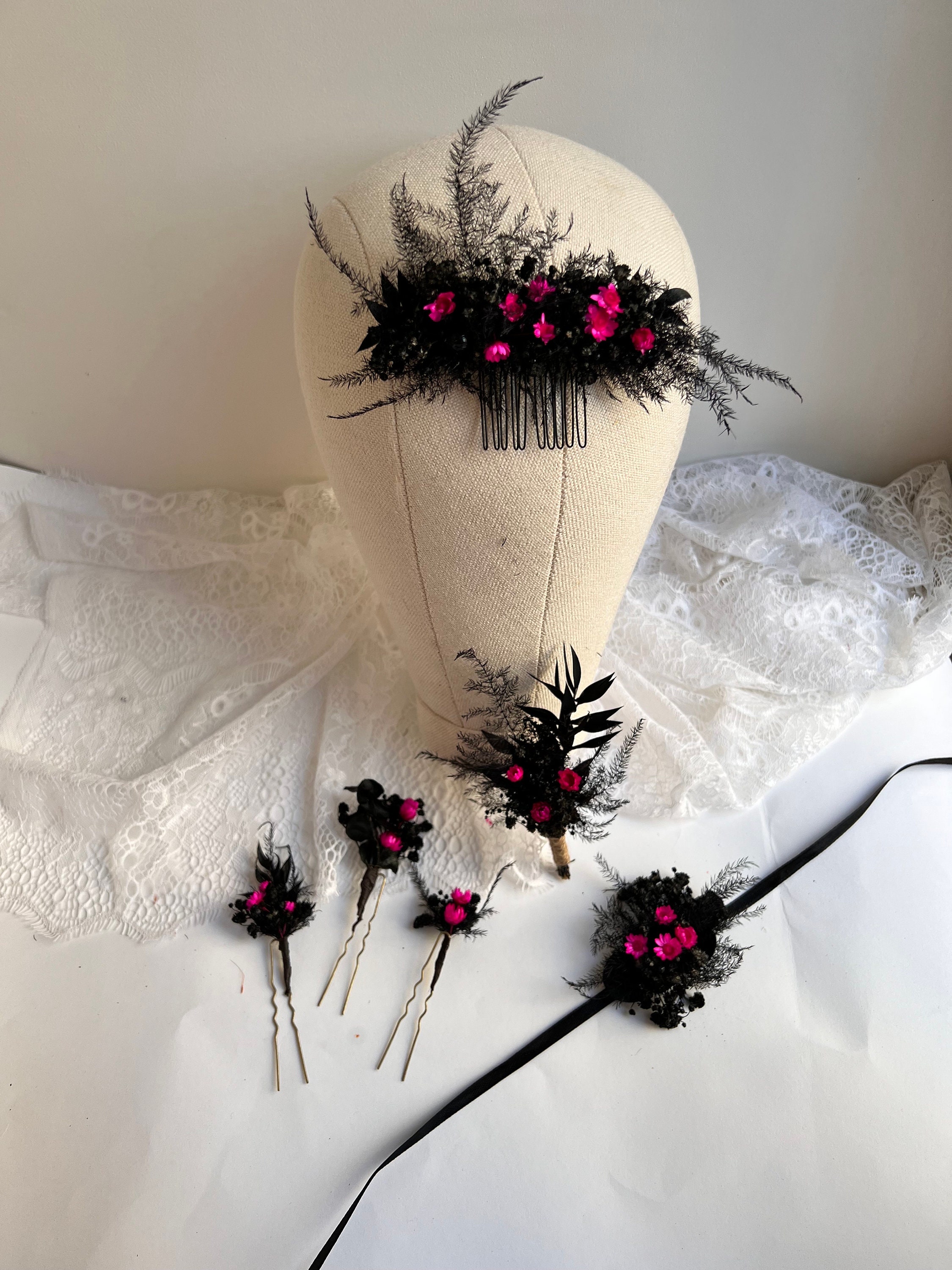 Black Gothic Wedding Hair Comb Fuchsia Black Hair Piecedried Flower ...