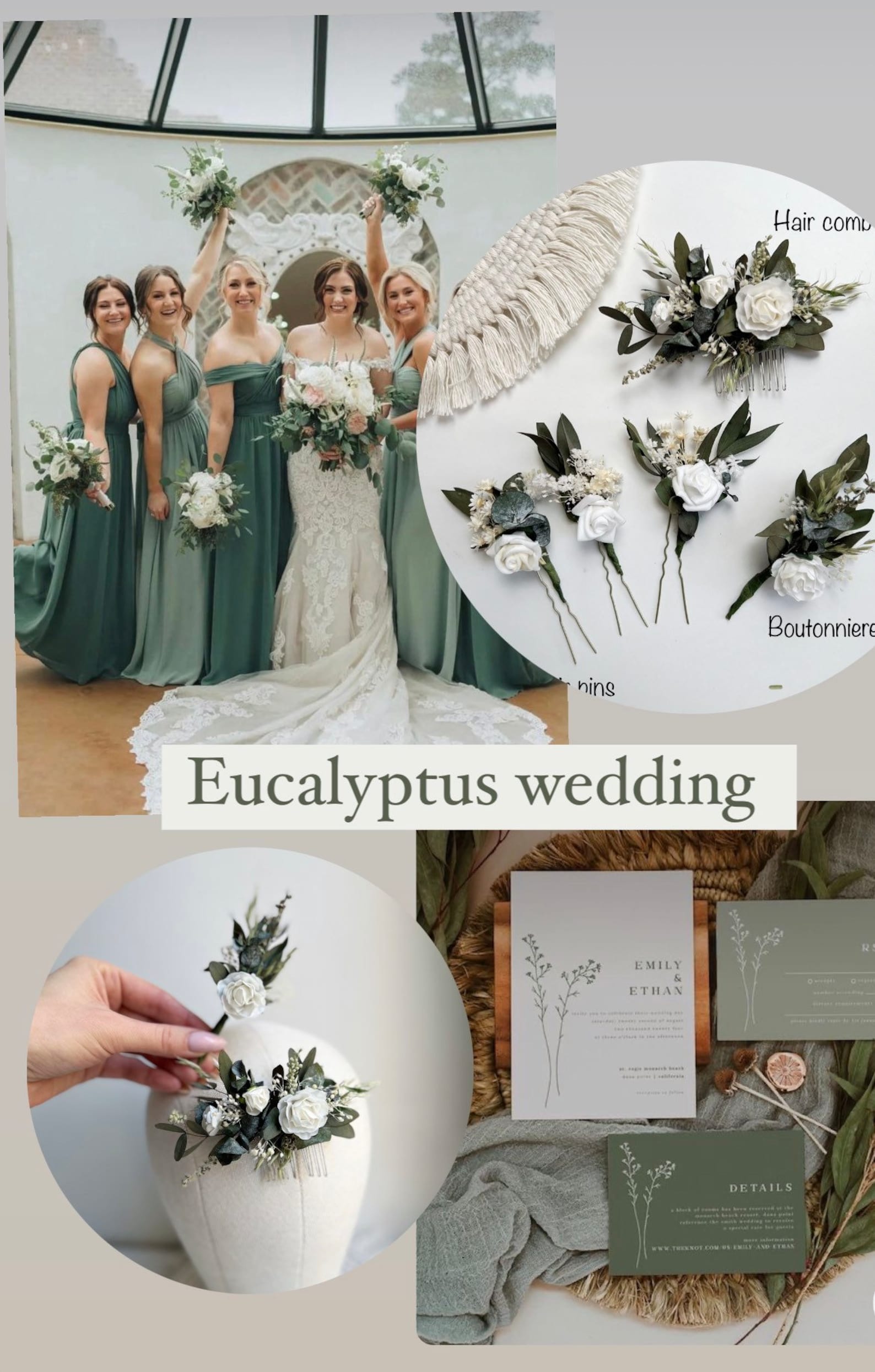 Romantic Greenery Hair Pins Eucalyptus Rose Hair Pins off White Rose ...