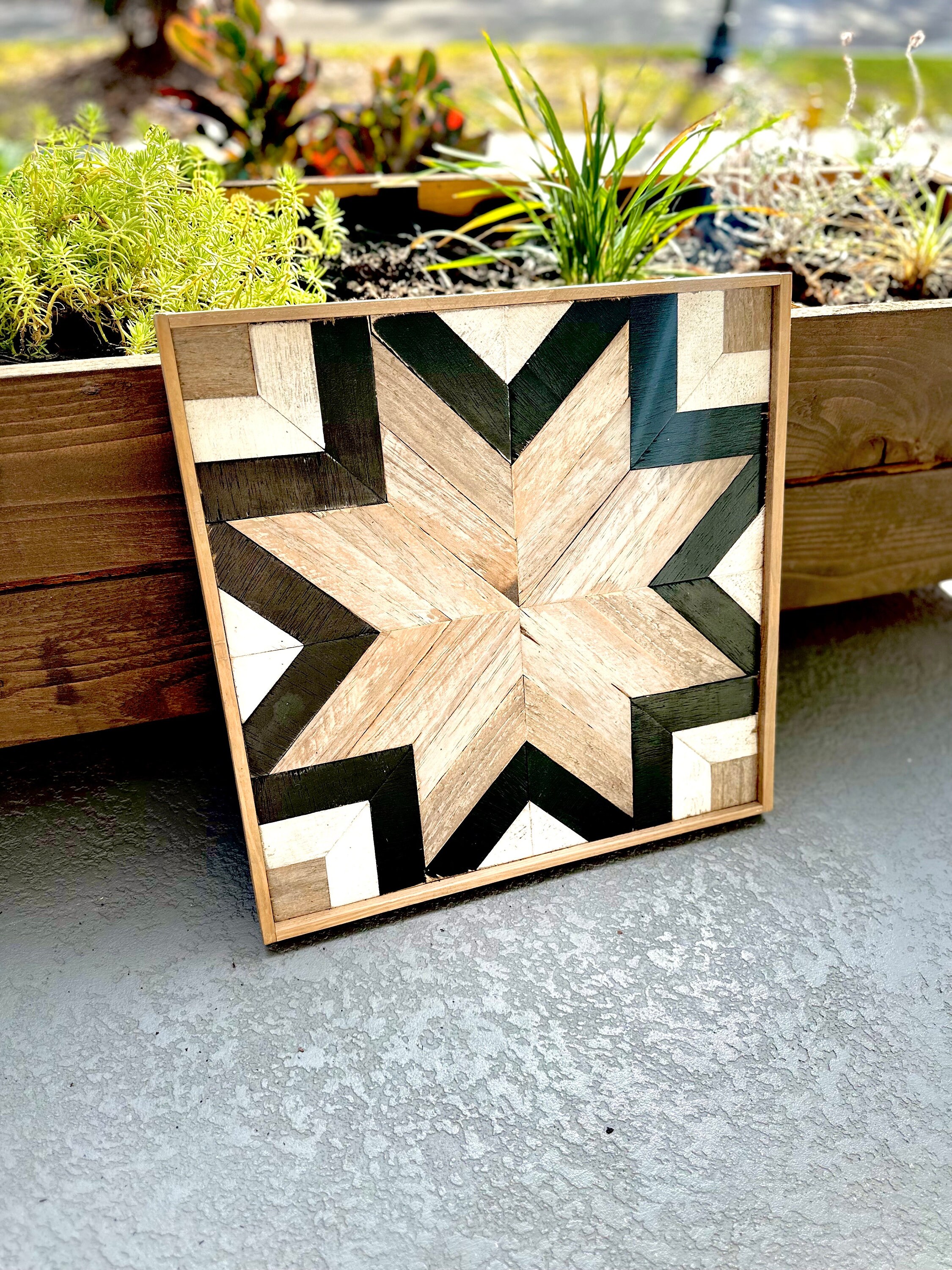 Rustic Wood Wall Art With Decorative Geometric Pattern in Aged Wood and ...