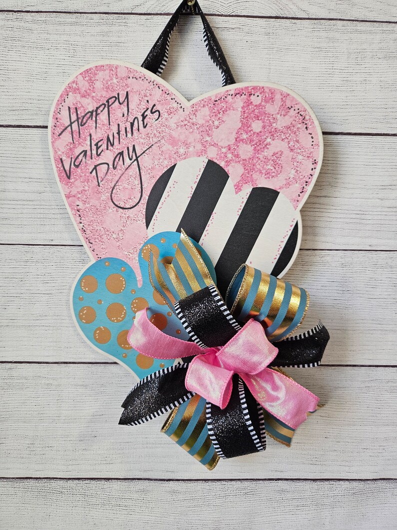 Valentine's Day Wooden Door Hanger With Pink, Teal, and Striped Hearts ...
