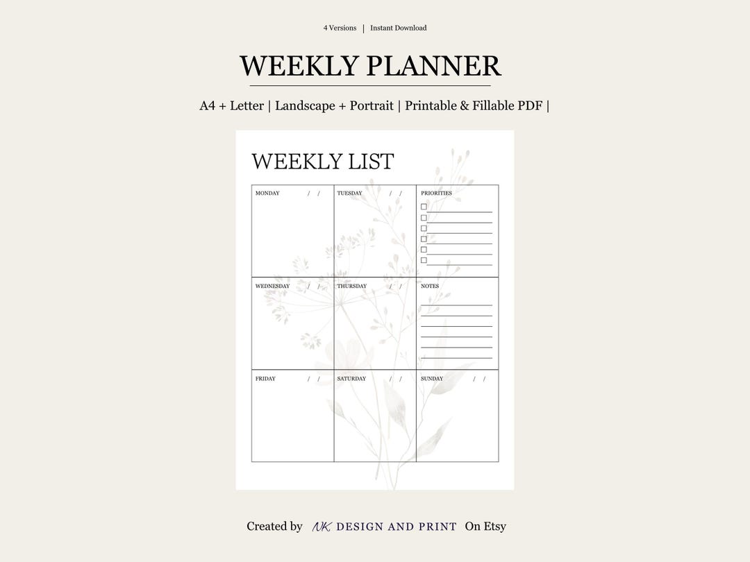Minimal Floral Weekly Printable, Weekly Planner for Work/home, Undated ...