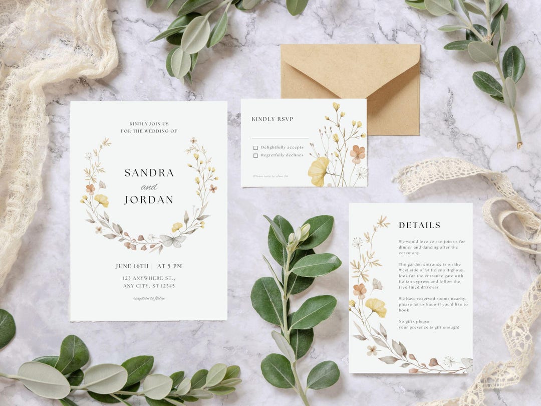 Yellow Wildflower Wedding Invitation Template, Printable Wedding ...