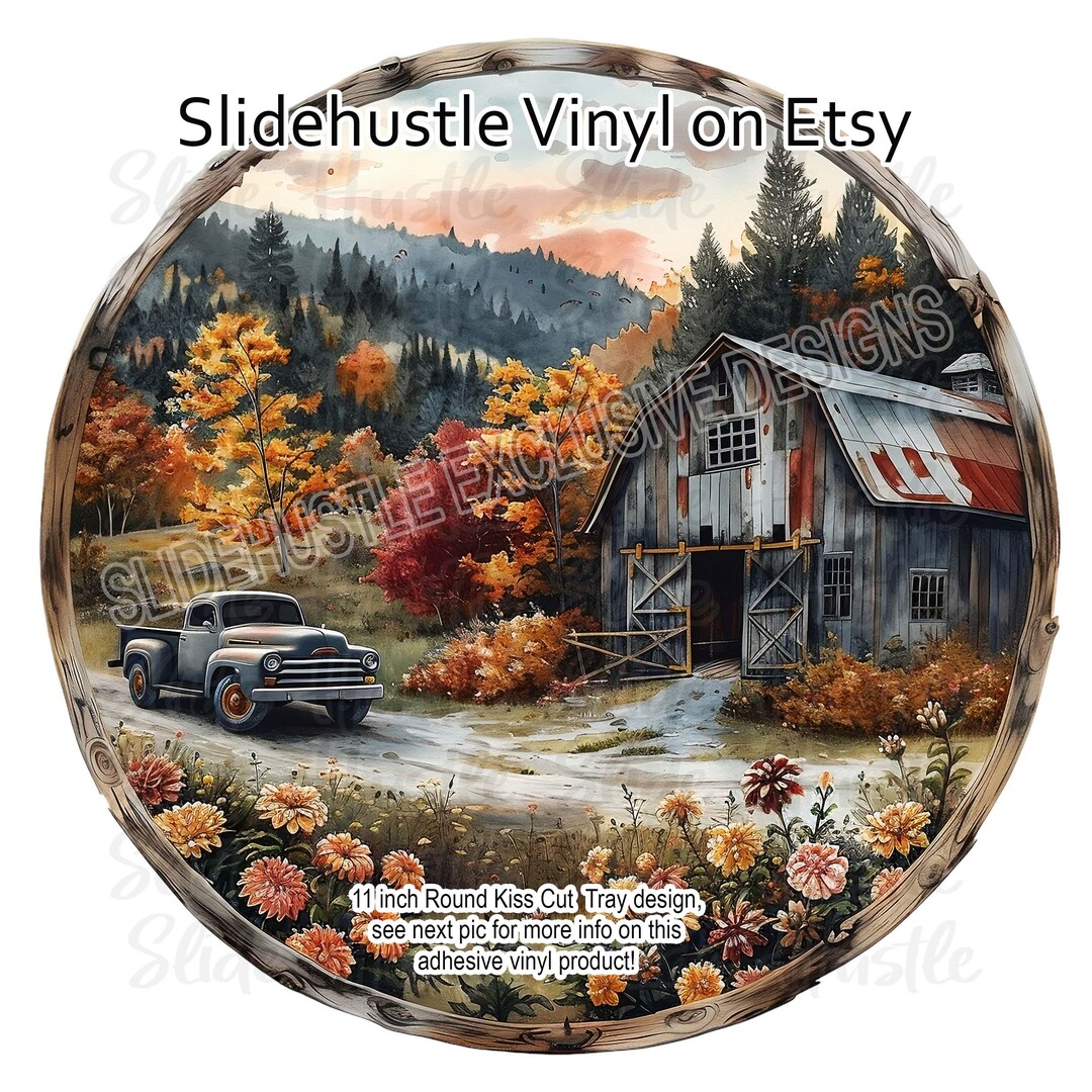 Printed Vinyl, Fall Barn Scene, Adhesive Vinyl, Printed on Opaque White ...