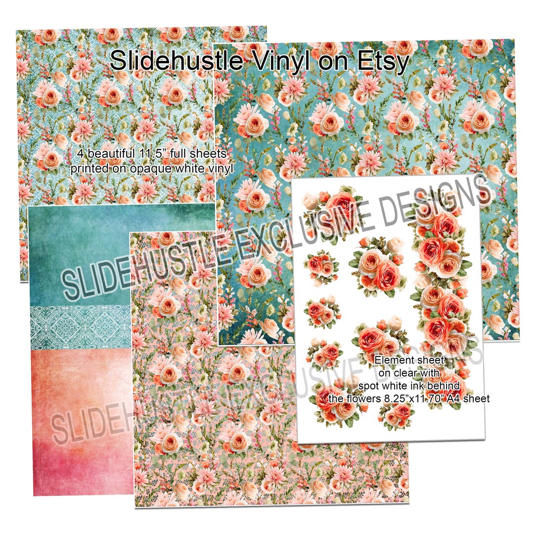 Beautiful Printed Adhesive Vinyl Bundle, Floral Vinyl, Roses, Printed ...