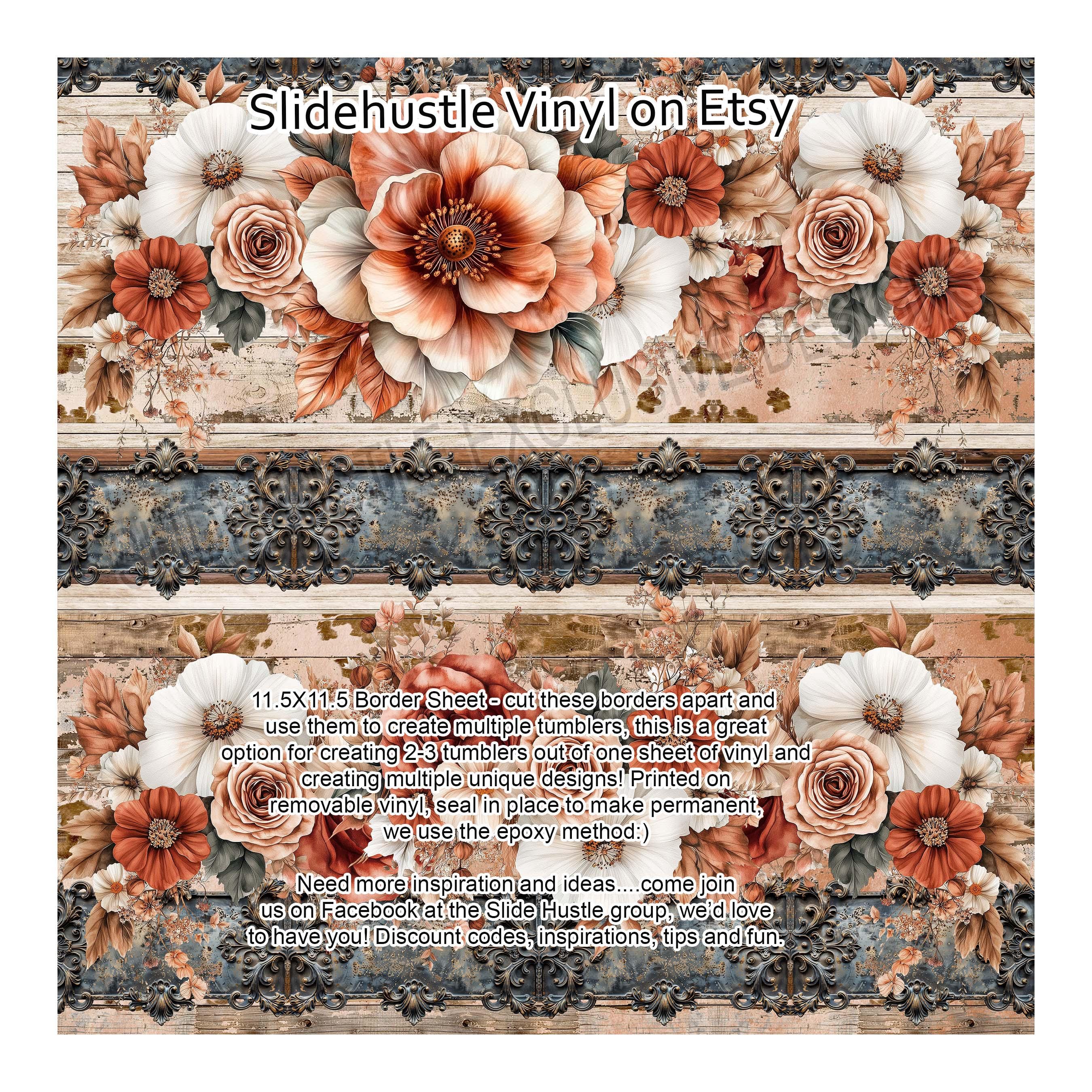 Printed Adhesive Vinyl, Fall, Autumn Flowers Vinyl Border Sheet, Epoxy ...