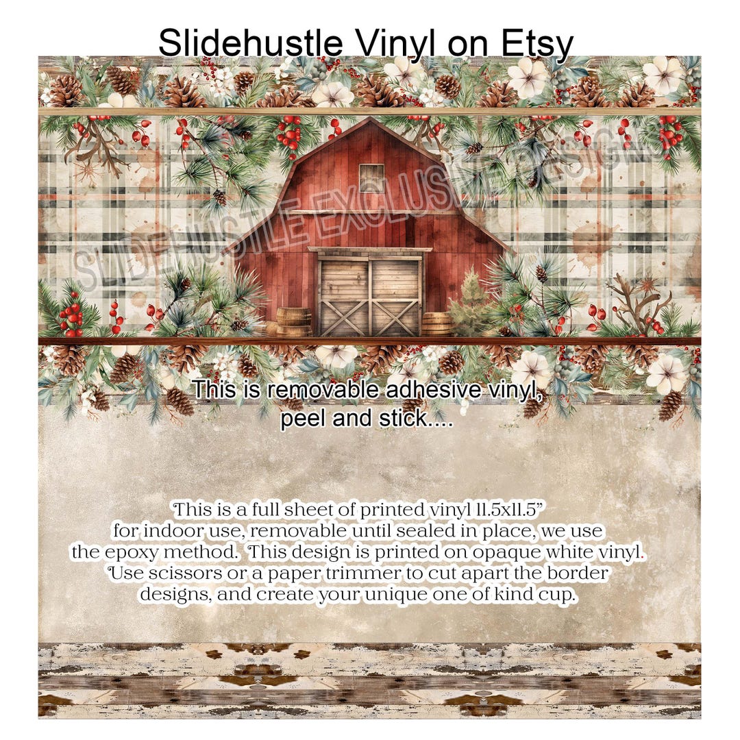 Printed Adhesive Vinyl Border Sheet, Winter, Christmas Red Rustic Barn ...