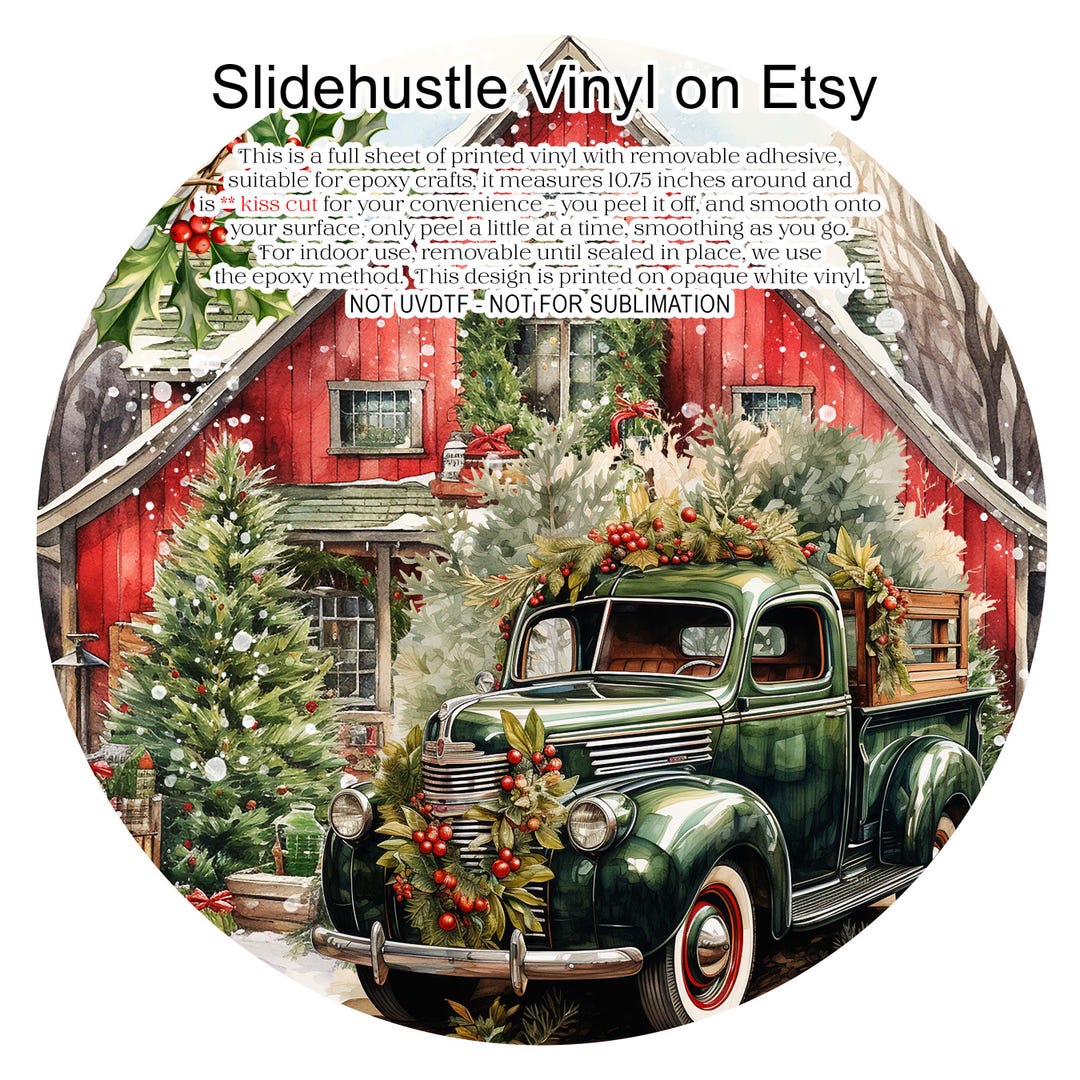 Christmas Tray Printed Vinyl, Winter Truck and Cabin Scene, Adhesive ...