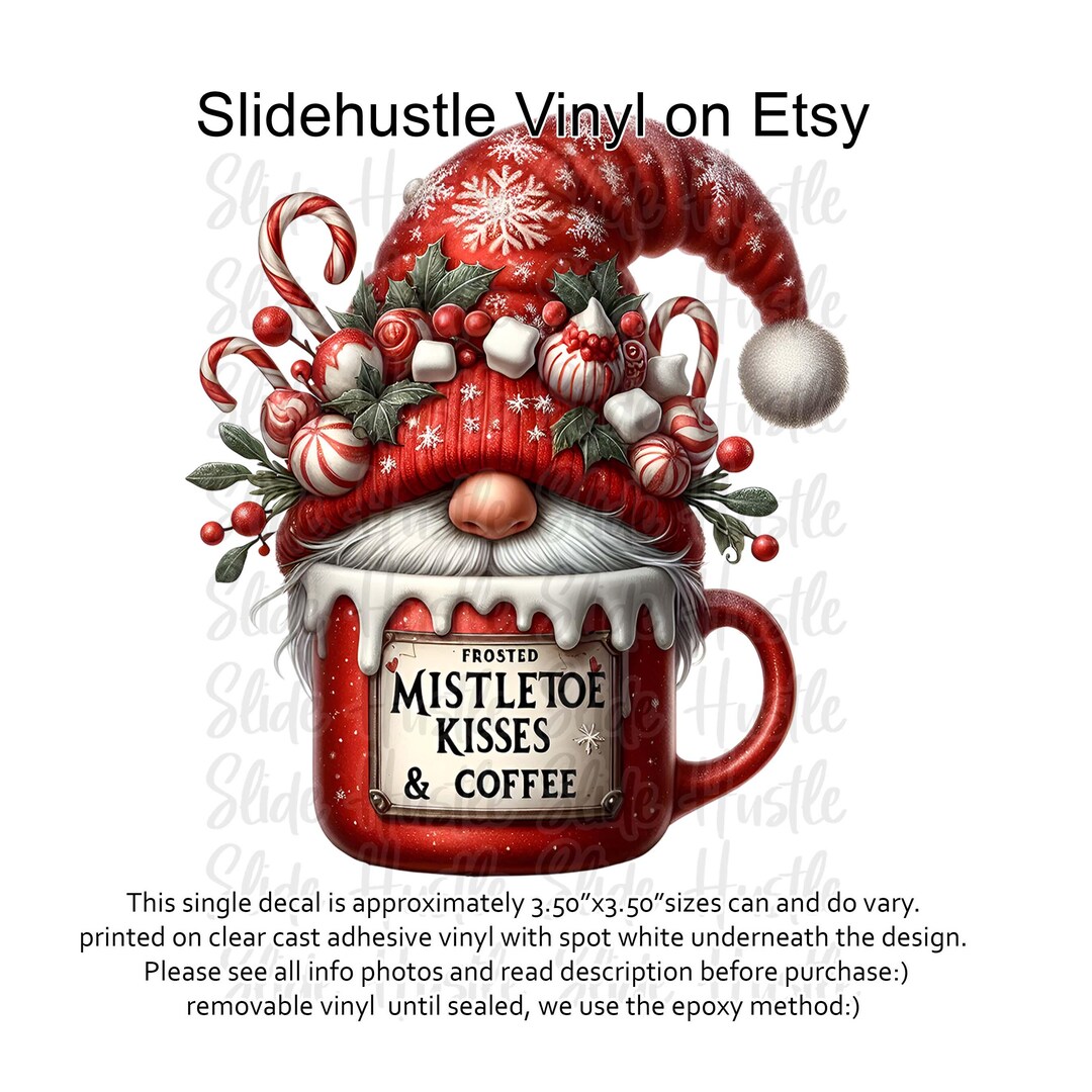 Christmas Mistletoe Kisses and Coffee Gnome Tumbler Decal, Spot White ...