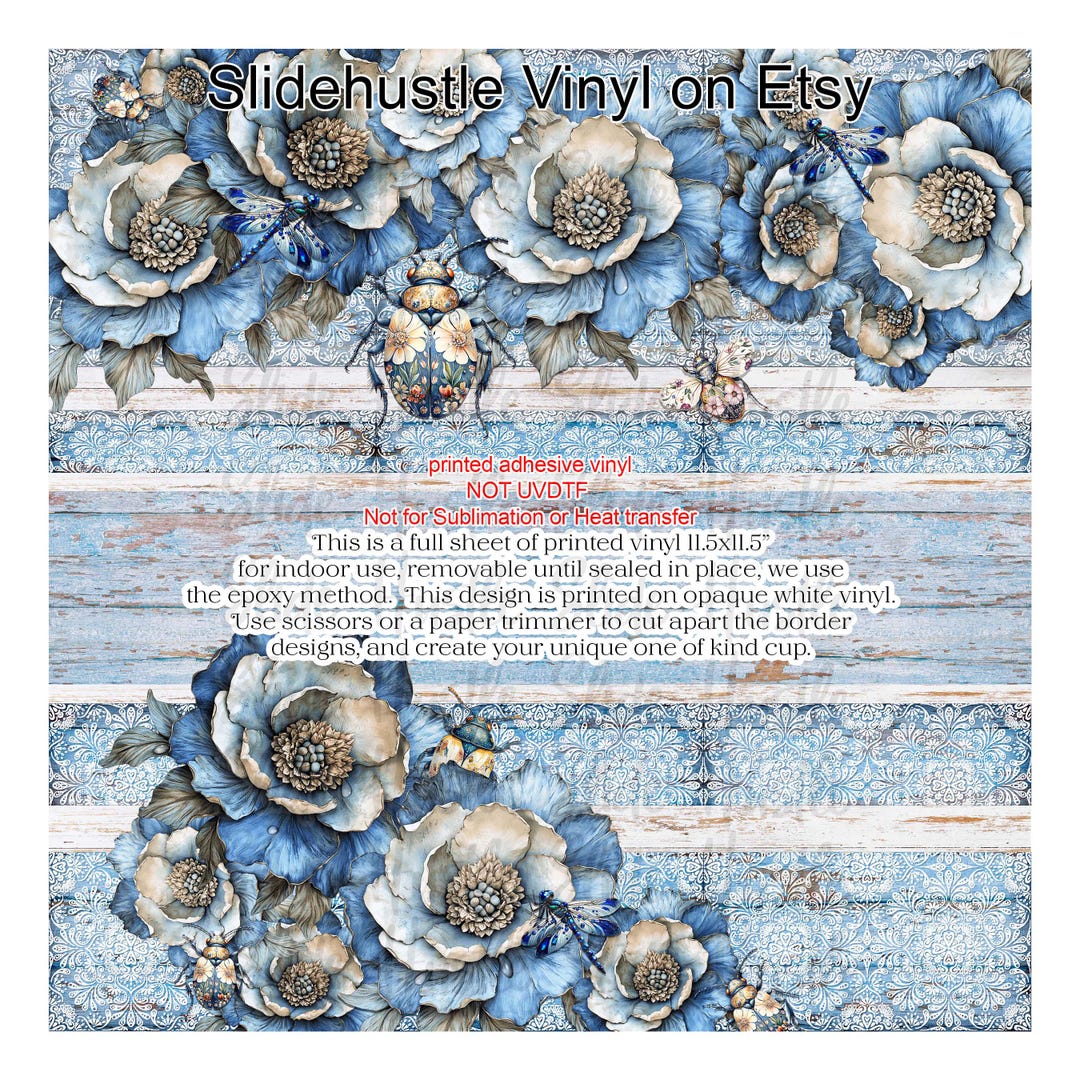 Blue Weathered Barnboard and Blue Floral Printed Adhesive Vinyl Border ...