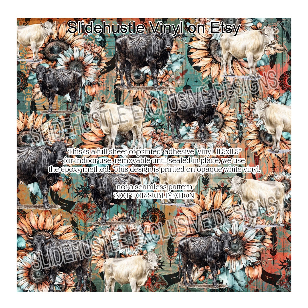 Slide Hustle Printed Vinyl Sheet, Boho Barnboard With Cows and ...