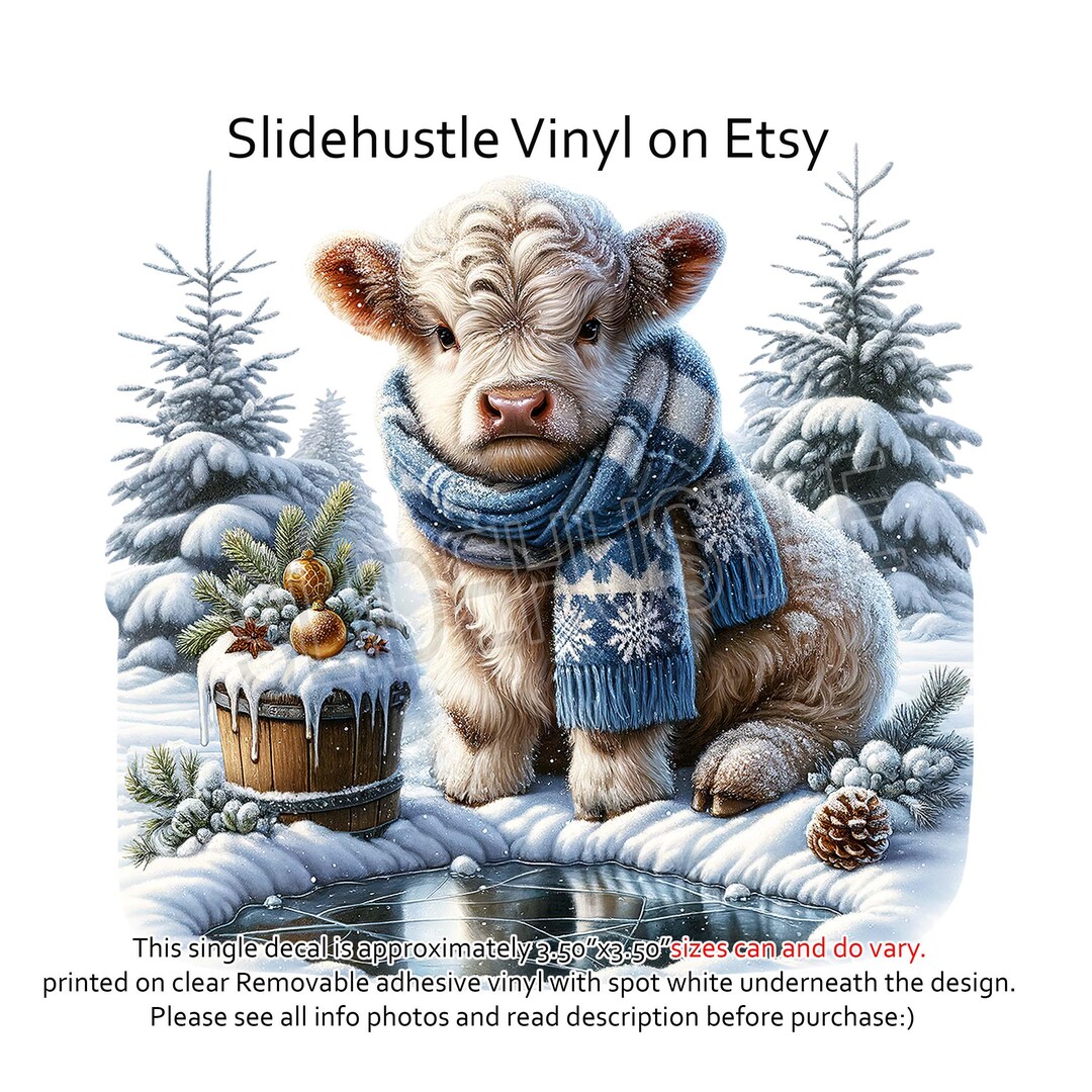 Printed Vinyl Decal of Cute Highlands Cow in the Snow, Removable Clear ...