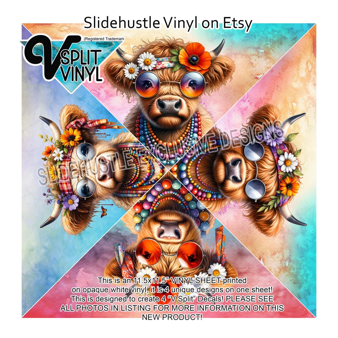 Hippie Highlands Cows V SPLIT Printed Adhesive Vinyl, Funny Cows V ...