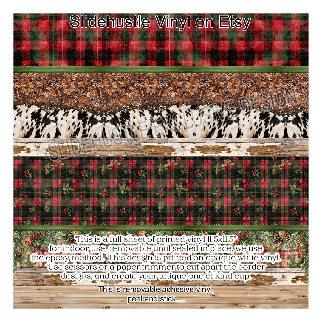 Printed Adhesive Vinyl Border Sheet With Buffalo Plaid, Cowhide, Tooled ...