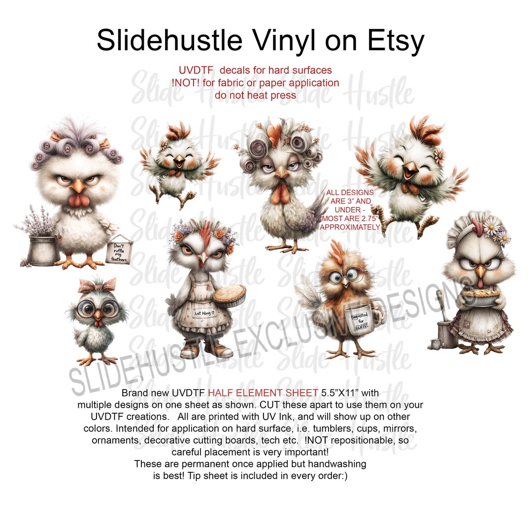 Funny Chicken Decals, on Half Size Element Sheet, UVDTF, Half Size 5 ...