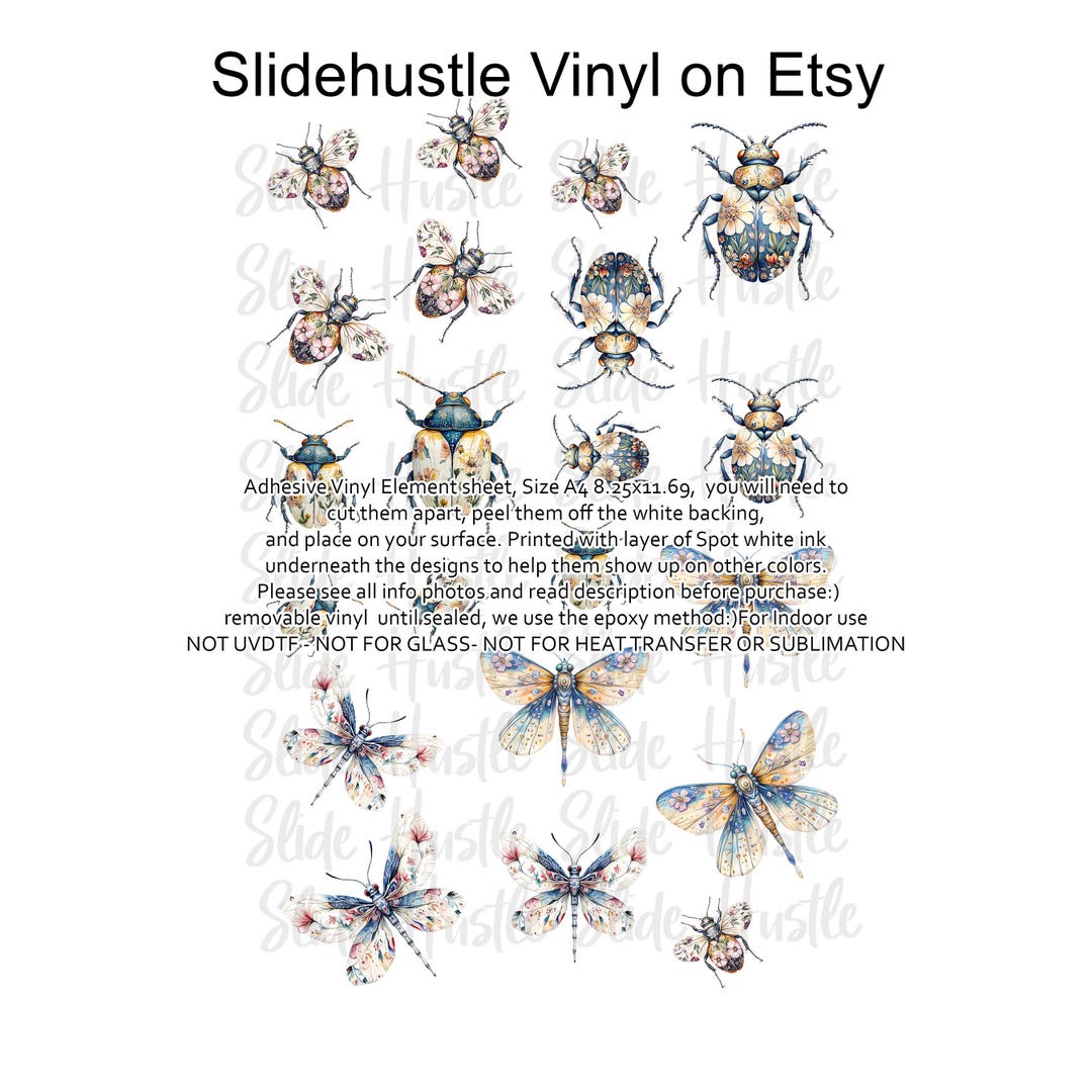 Printed Vinyl Floral Beetles, Insects Printed Adhesive Vinyl Element ...