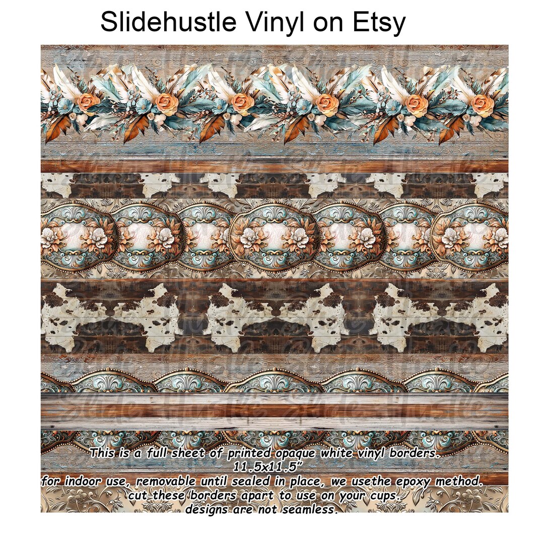 Printed Adhesive Vinyl Borders, Western Feathers, Buckles, and Cowhide ...