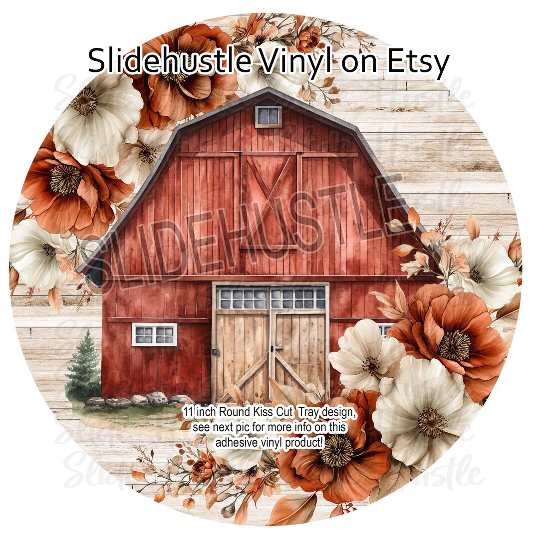 Printed Vinyl, Fall Barn Scene, Adhesive Vinyl, Printed on Opaque White ...