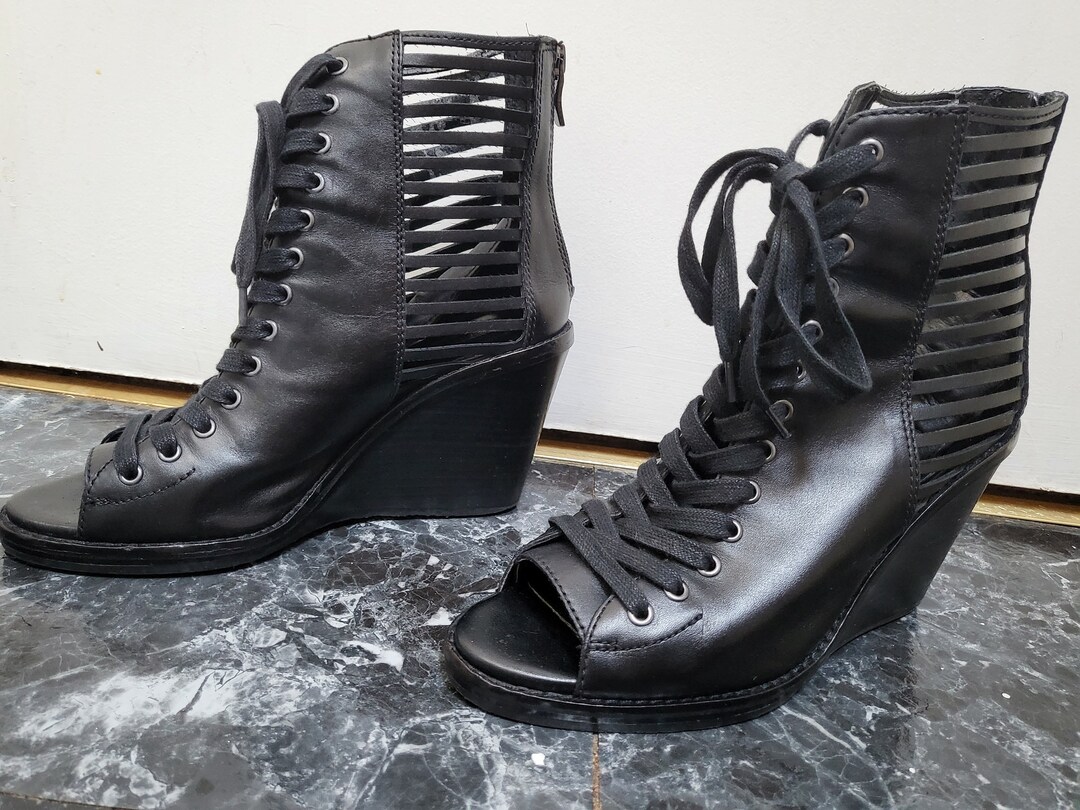 US 8.5 Goth Wedges, Black Genuine Leather High Heel Strappy Pumps, Open ...