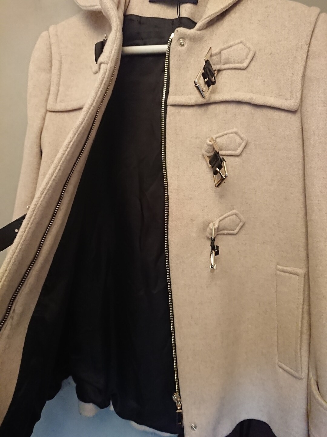 Wool Blend Hooded Cream Coat Brass Zipper Pleather Buckle Closure ...