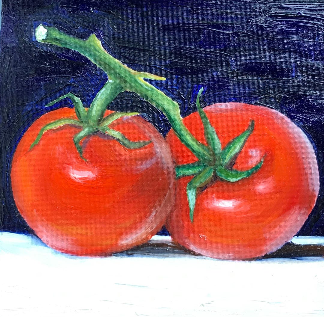 Original Oil Painting: Two Tomatoes on Vine | Kitchen Wall Art, Summer ...