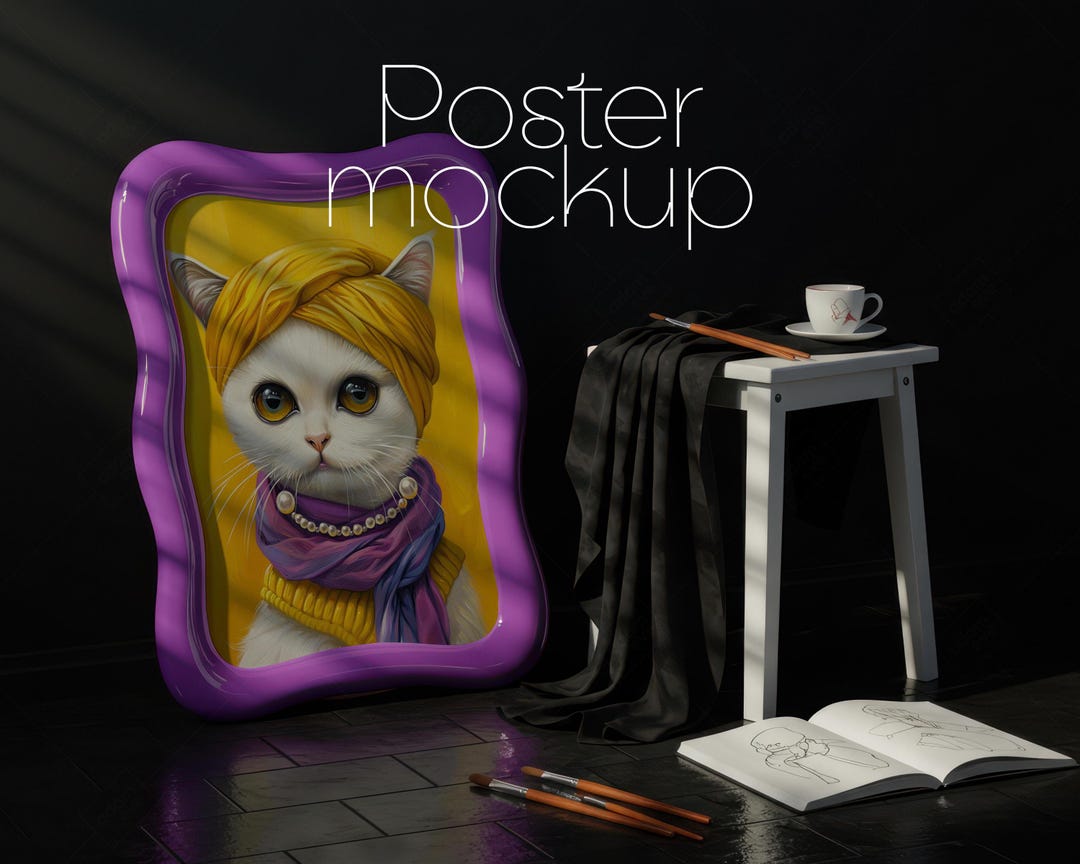 Poster Mockup: Wavy Purple Frame Mockup, Dark Room Artist Studio Scene ...