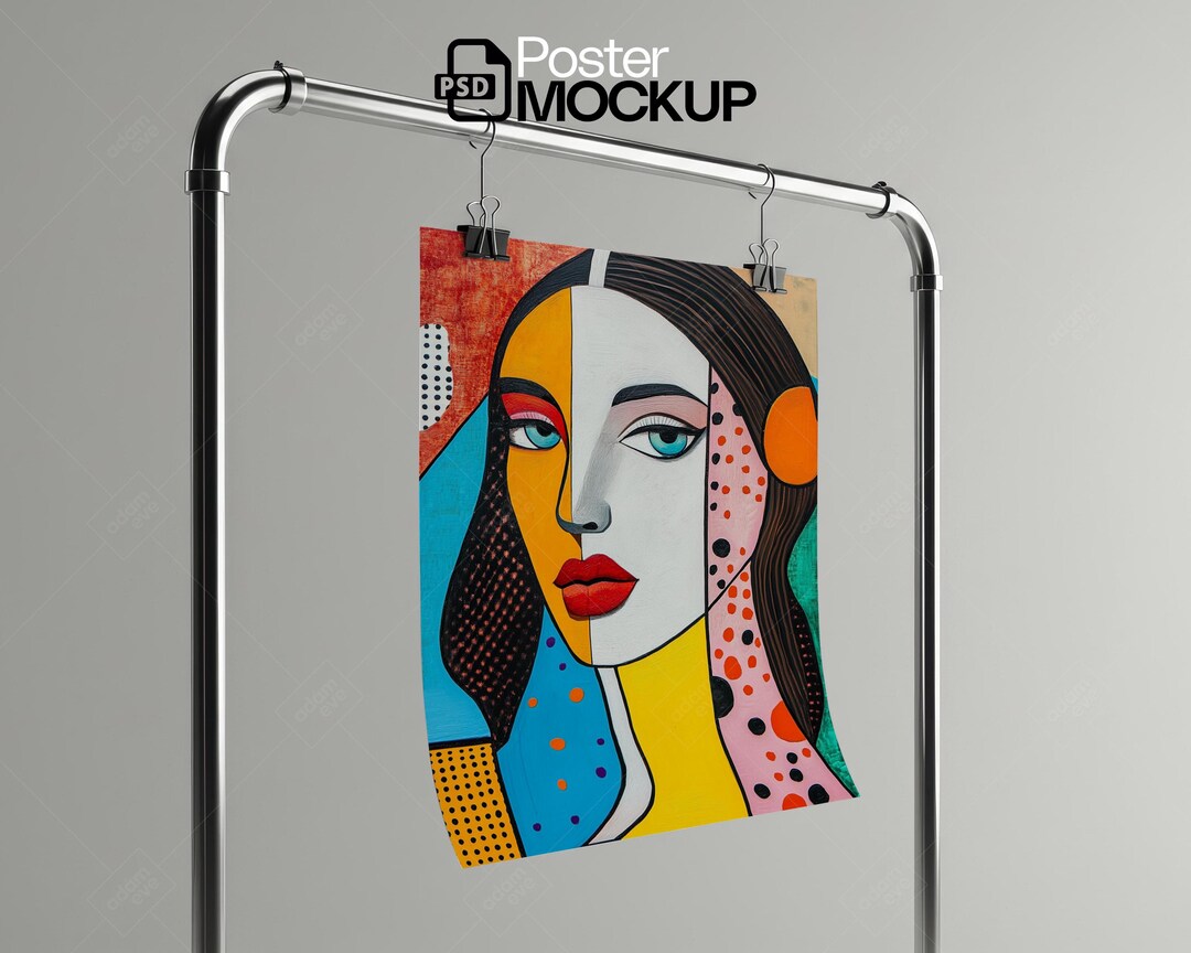 Versatile Hanging Poster Mockup PSD on Sleek Metal Rack With Clips | A0 ...
