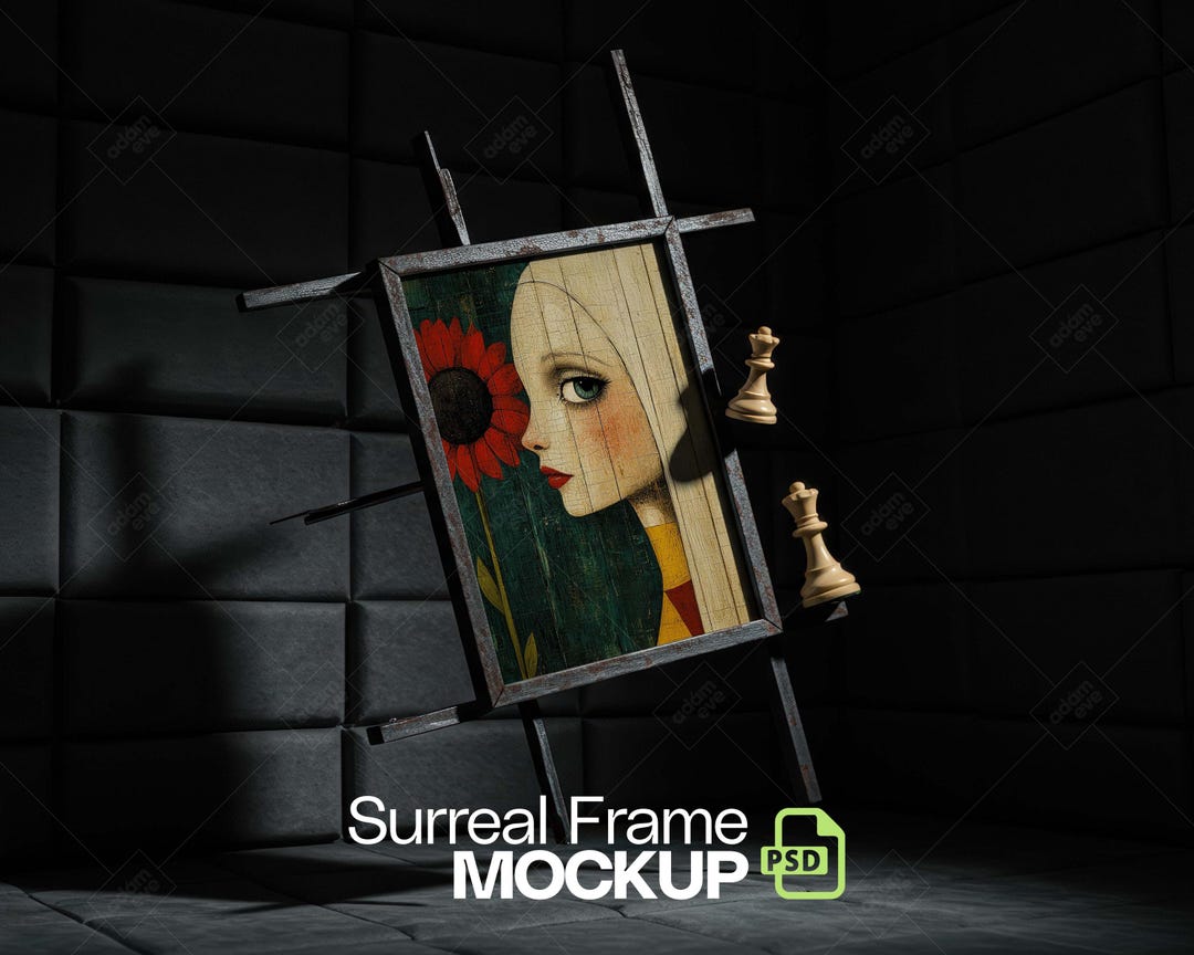 Surreal Floating Frame PSD Art Mockup With Chess Pieces, A1 A2 A3 A4 ...