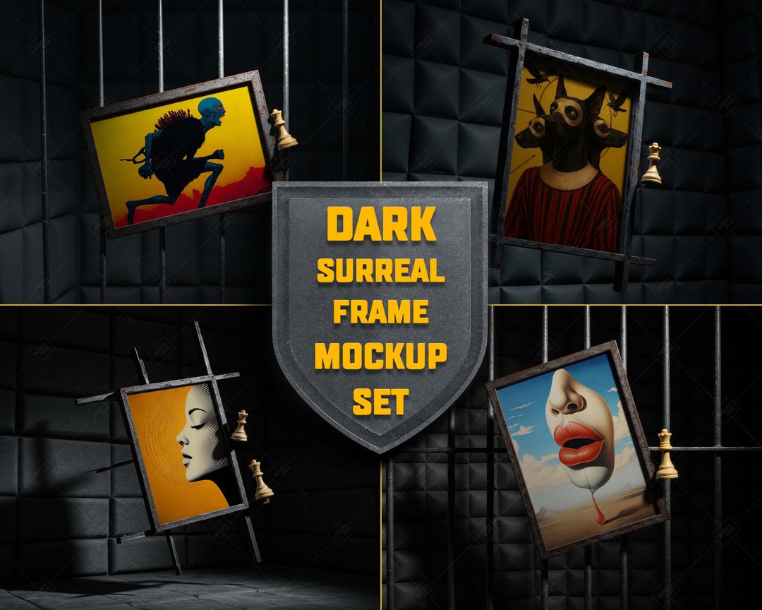 4 Surreal Poster Mockup Set, With Floating Chess Queen, Dark Padded ...