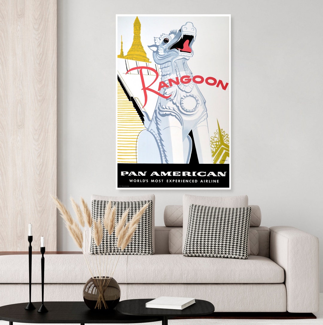 Vintage Pan American Airlines Rangoon Travel Poster, Burma, Myanmar ...