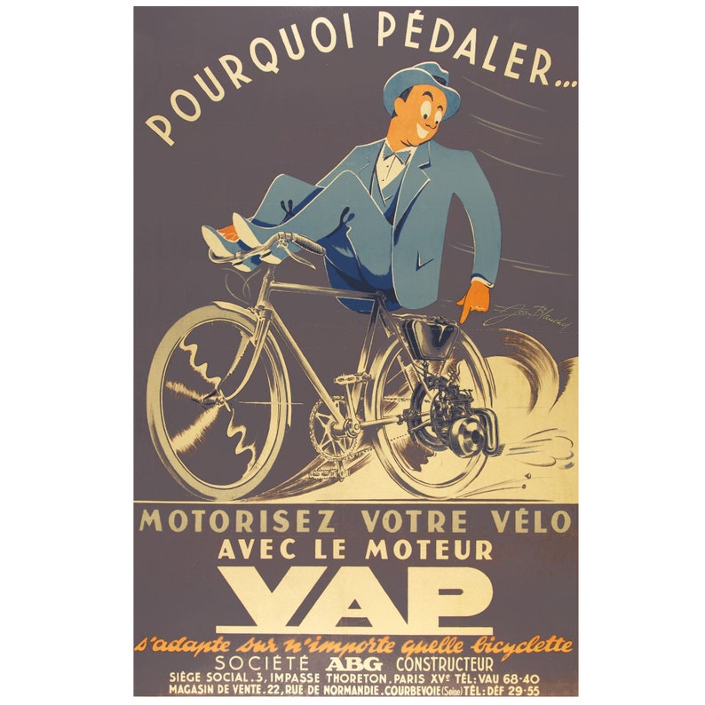 French Vap Bicycle to Motorcycle Conversion Vintage Poster - Etsy