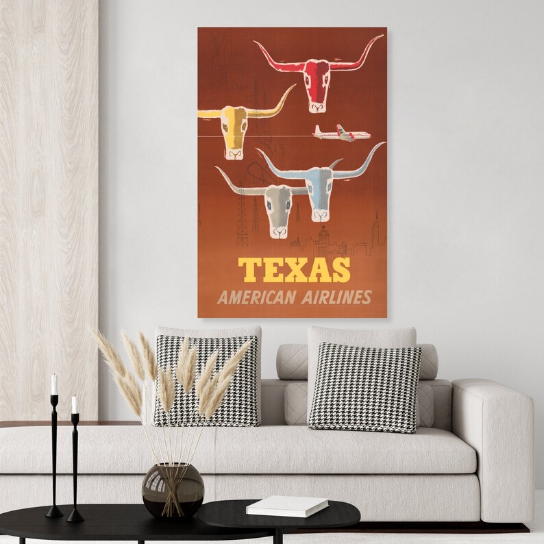Vintage Airline Texas Travel Poster With Longhorns - Etsy
