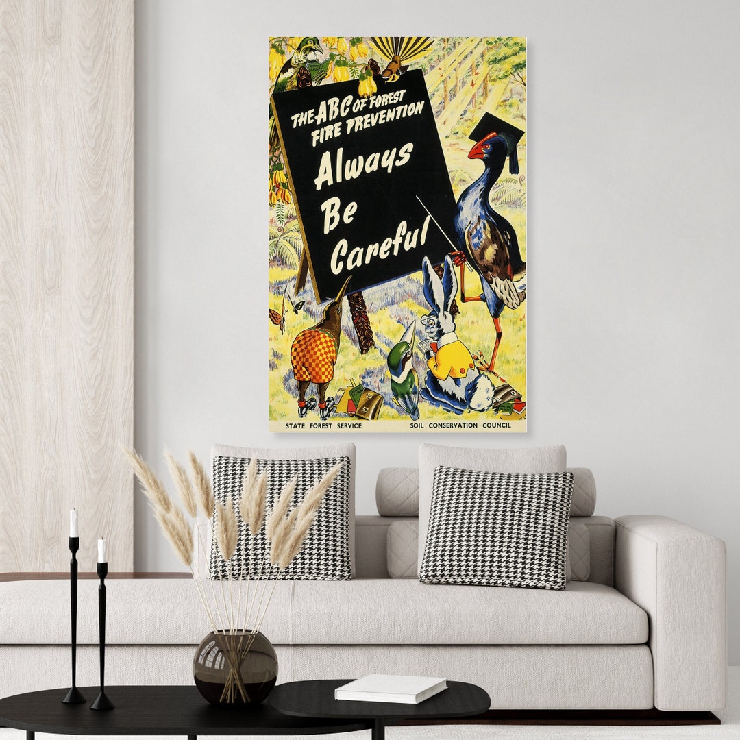 Always Be Careful Fire Prevention Vintage Poster With Cartoon Forest ...