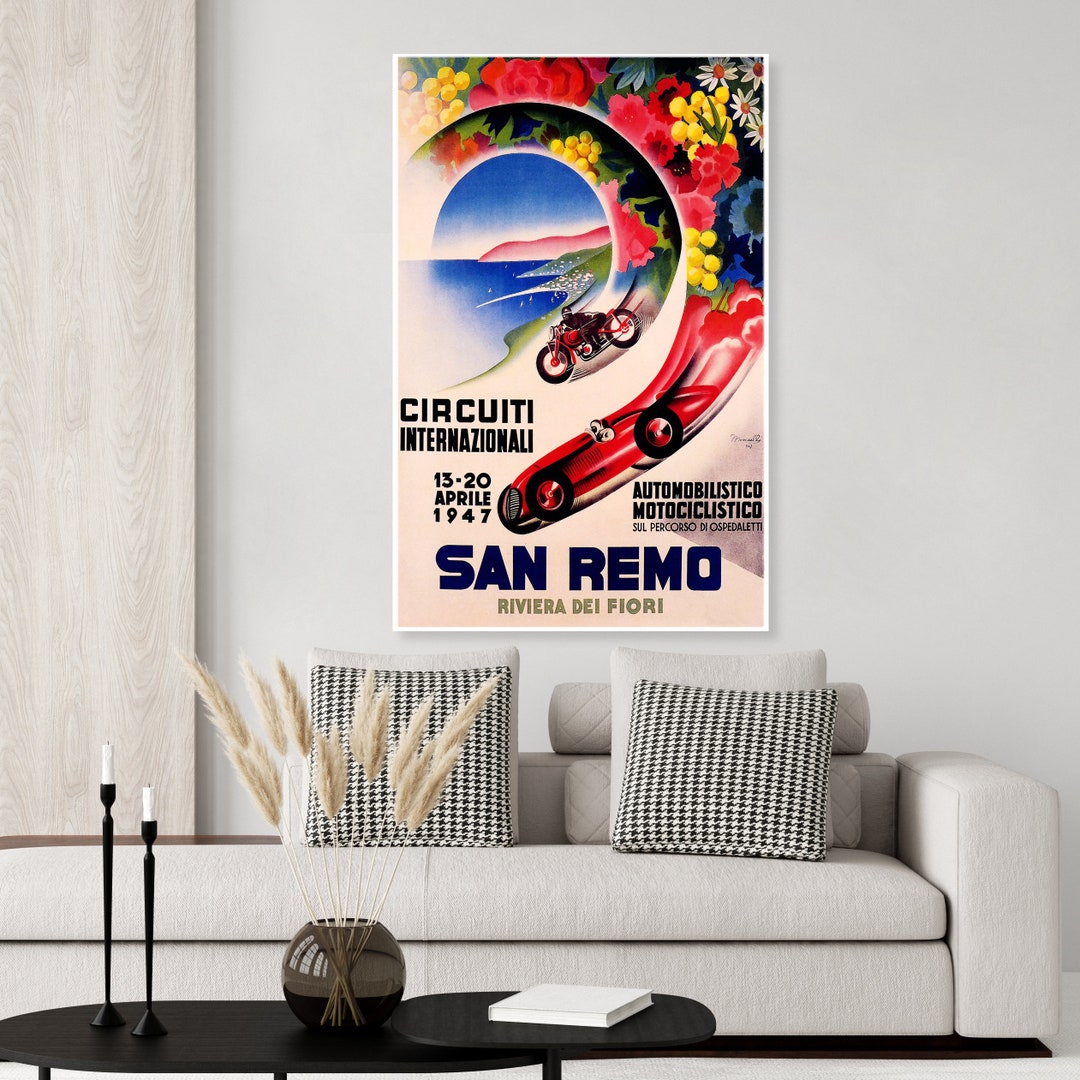 Vintage Italian Motorcycle and Race Car San Remo Grand Prix Poster - Etsy