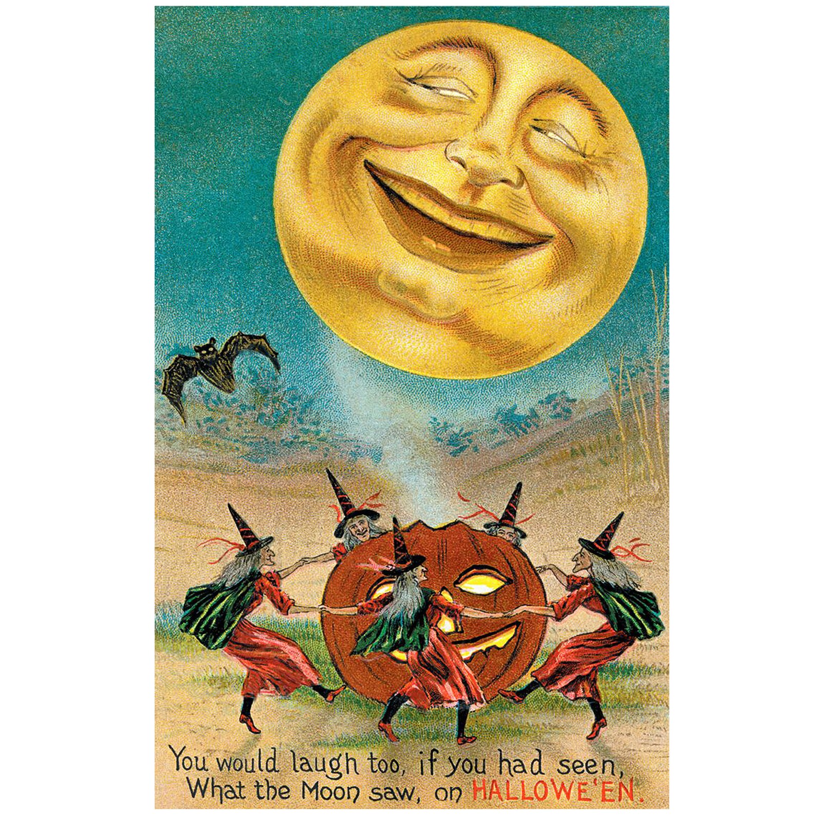A Laughing Man in the Moon Above a Group of Witches Dancing - Etsy