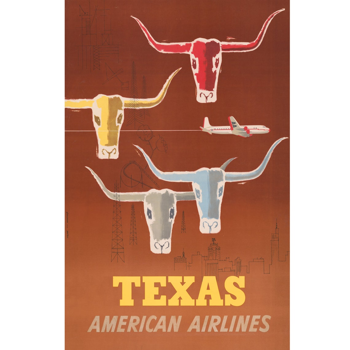 Vintage Airline Texas Travel Poster With Longhorns - Etsy