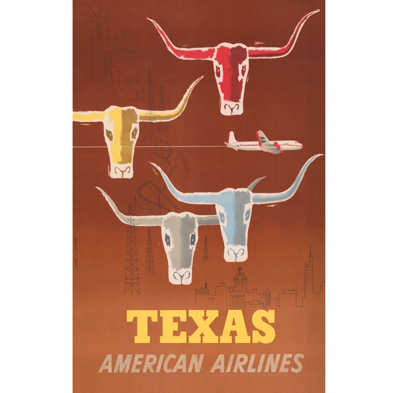 Vintage Airline Texas Travel Poster With Longhorns - Etsy