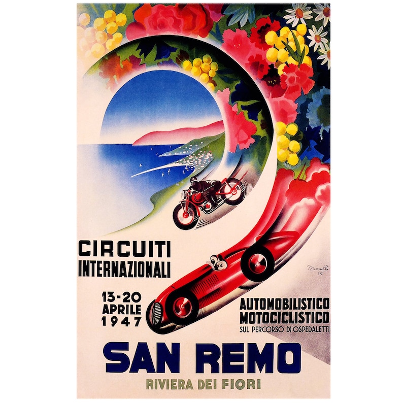 Vintage Italian Motorcycle and Race Car San Remo Grand Prix | Etsy