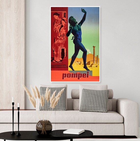 Vintage Pompeii Italy Travel Poster Featuring a Famous Statue | Etsy