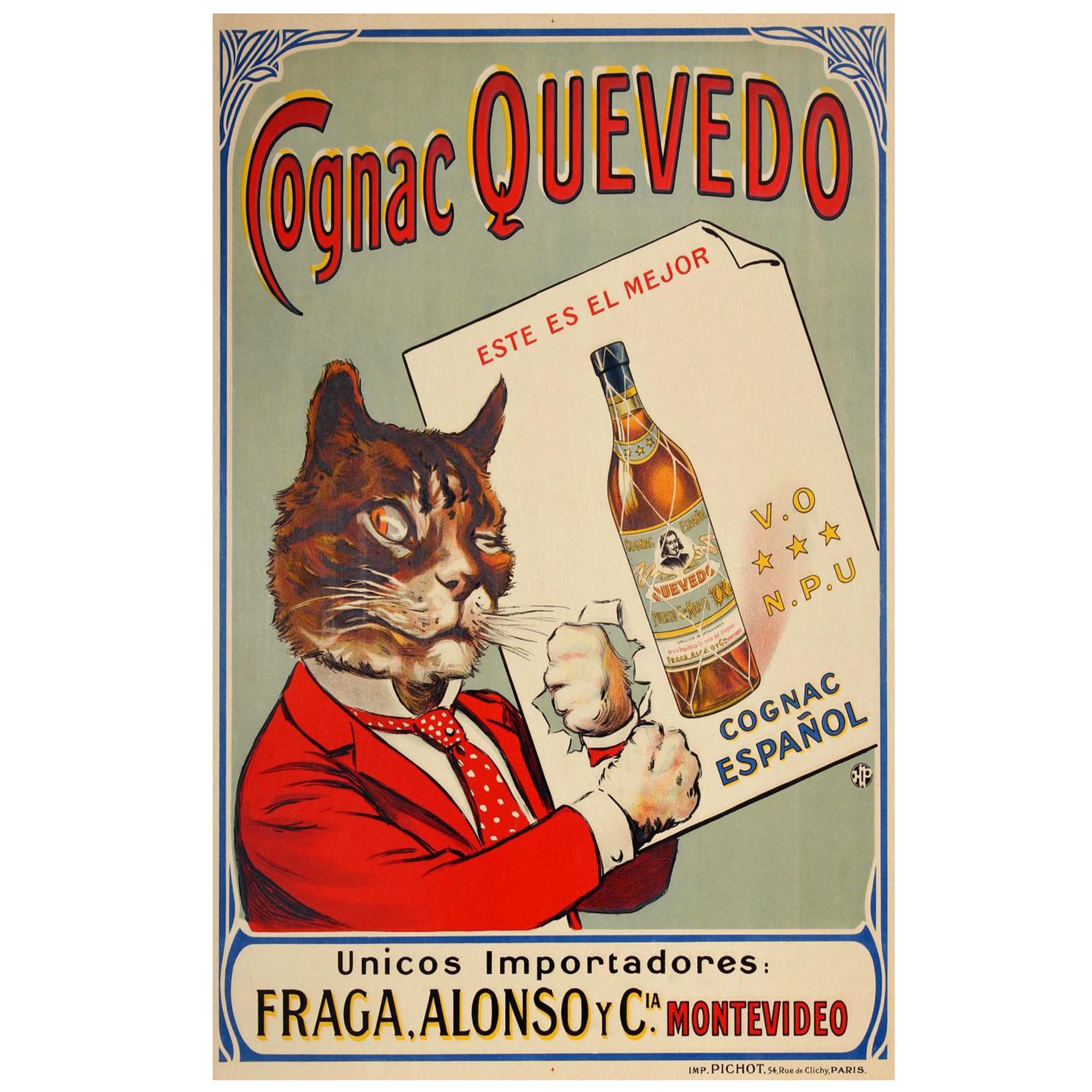 Vintage Spanish Cognac Quevedo Poster Featuring a Cat Poster - Etsy UK
