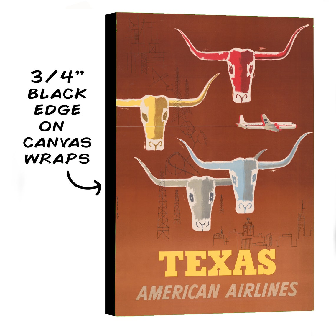 Vintage Airline Texas Travel Poster With Longhorns - Etsy