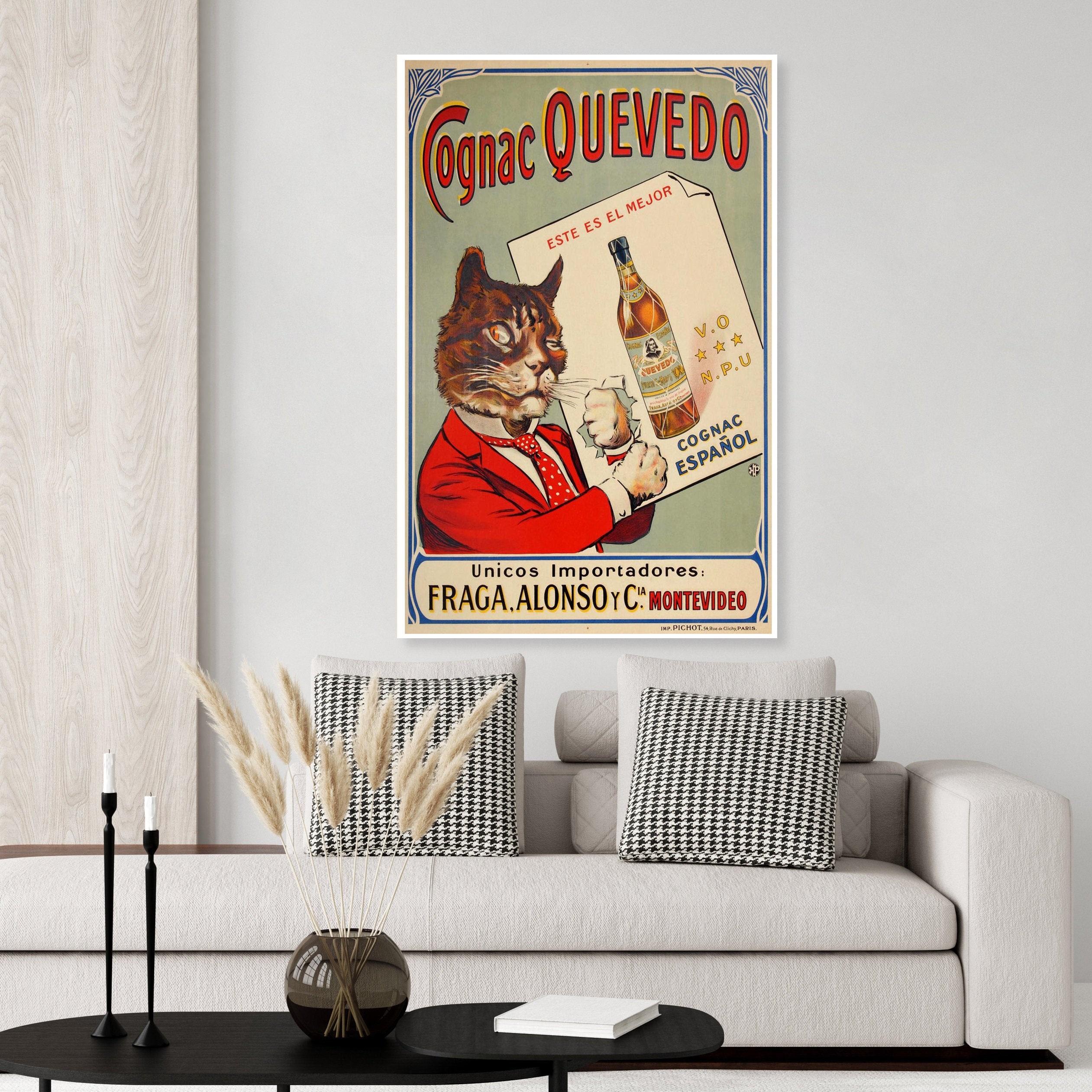 Vintage Spanish Cognac Quevedo Poster Featuring a Cat Poster - Etsy