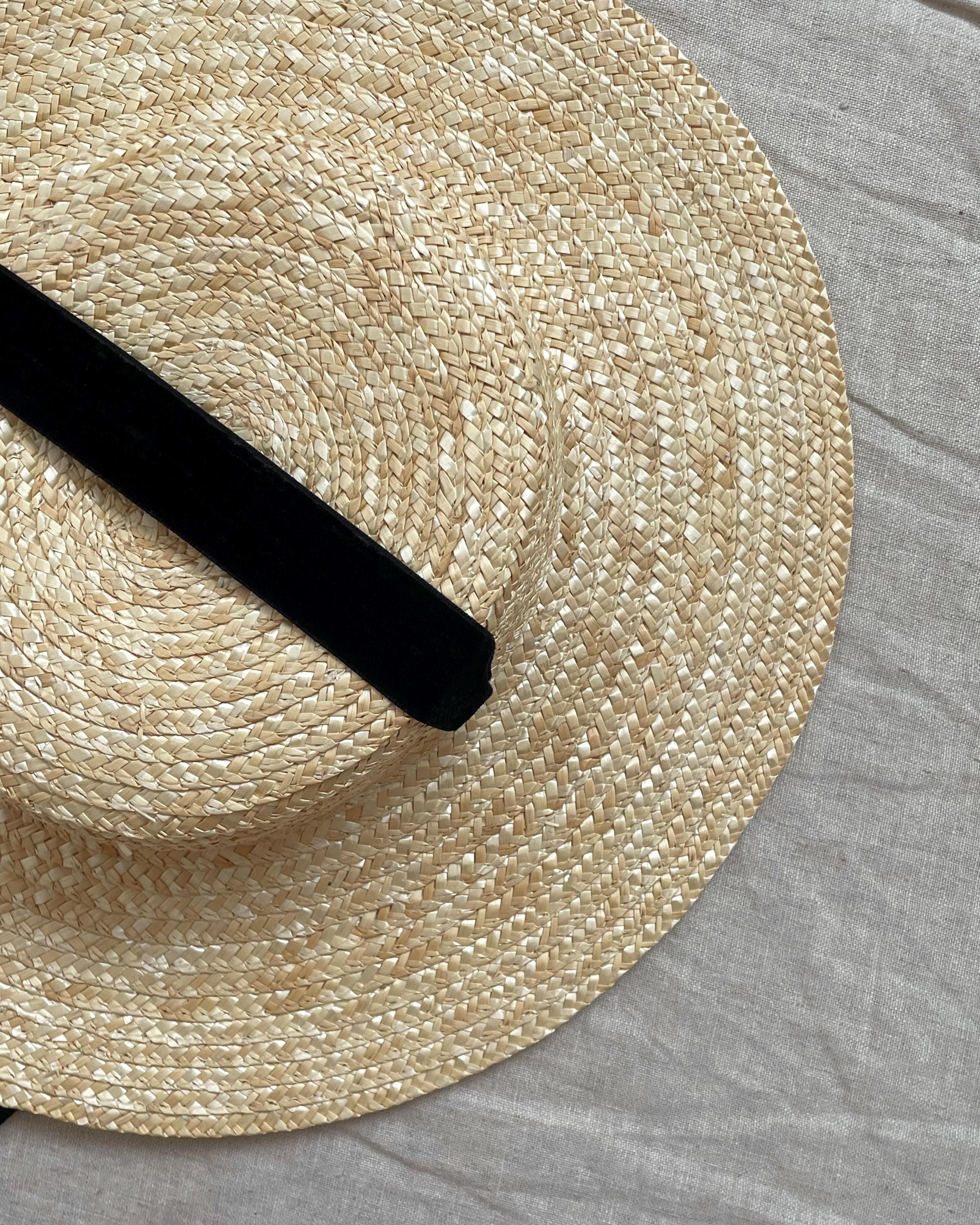 Vintage Style Natural Straw Hat With Velvet Tapes | Retro Style Boater ...