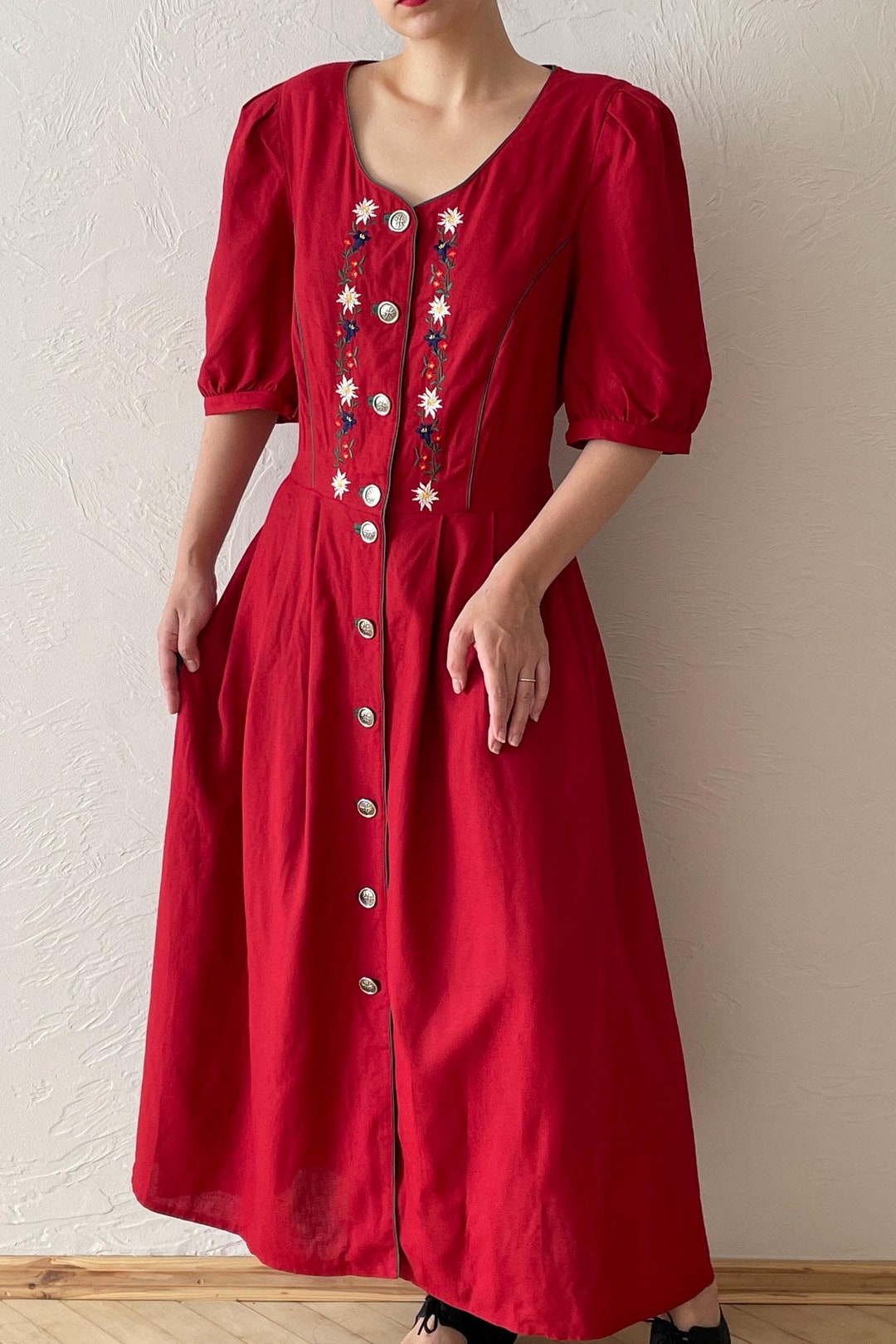 Vintage Embroidered Dress With Puff Sleeves Retro Style Linen Dress ...