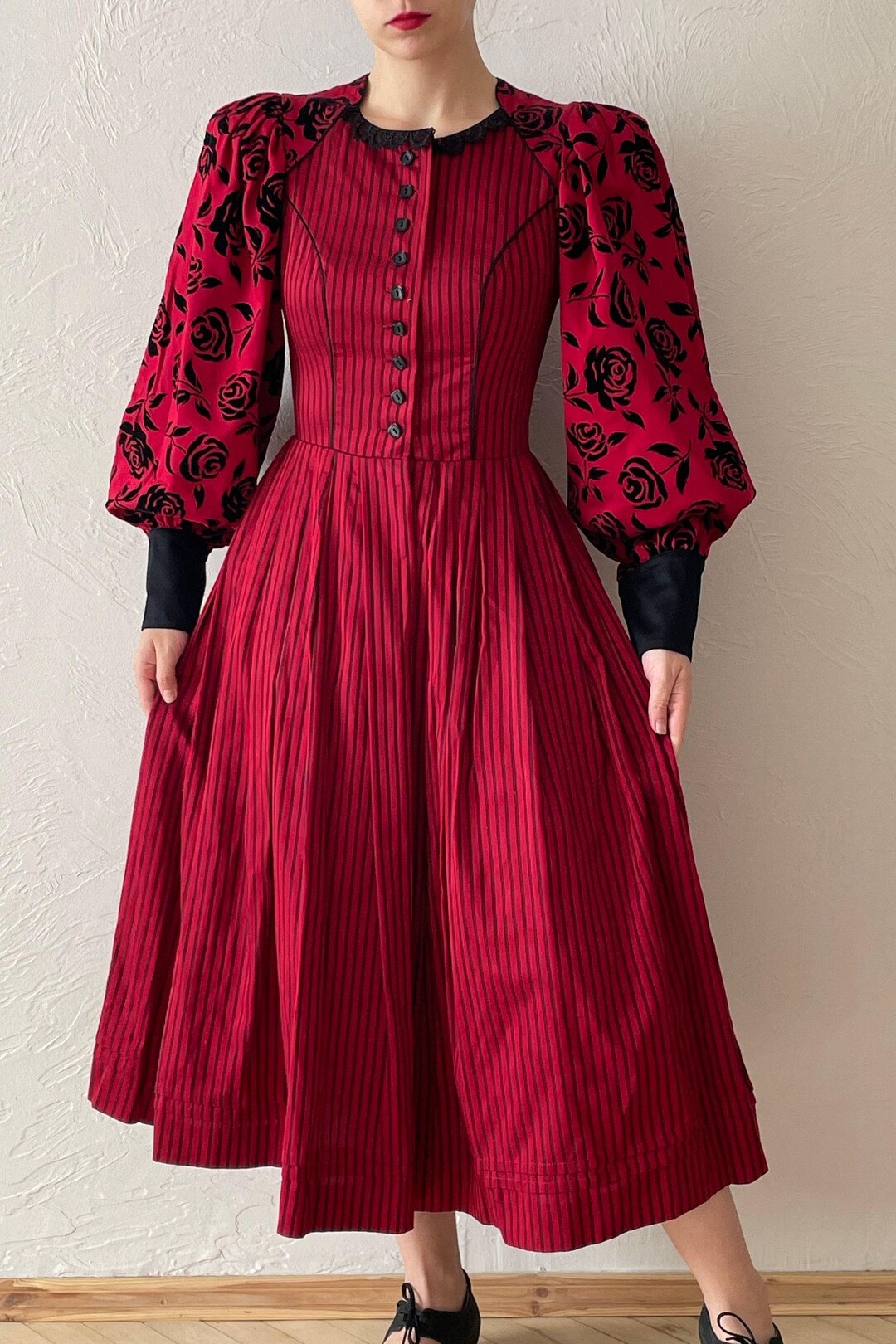 Vintage Dress With Puff Sleeves Victorian Style Retro Style Midi Dress ...